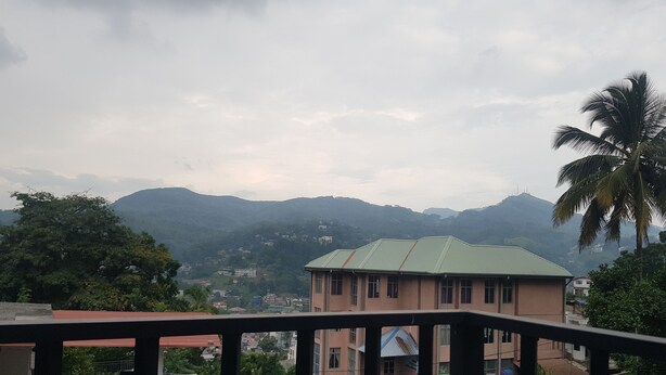 Vista de um bairro residencial com um edifício que possui telhado verde e várias janelas.