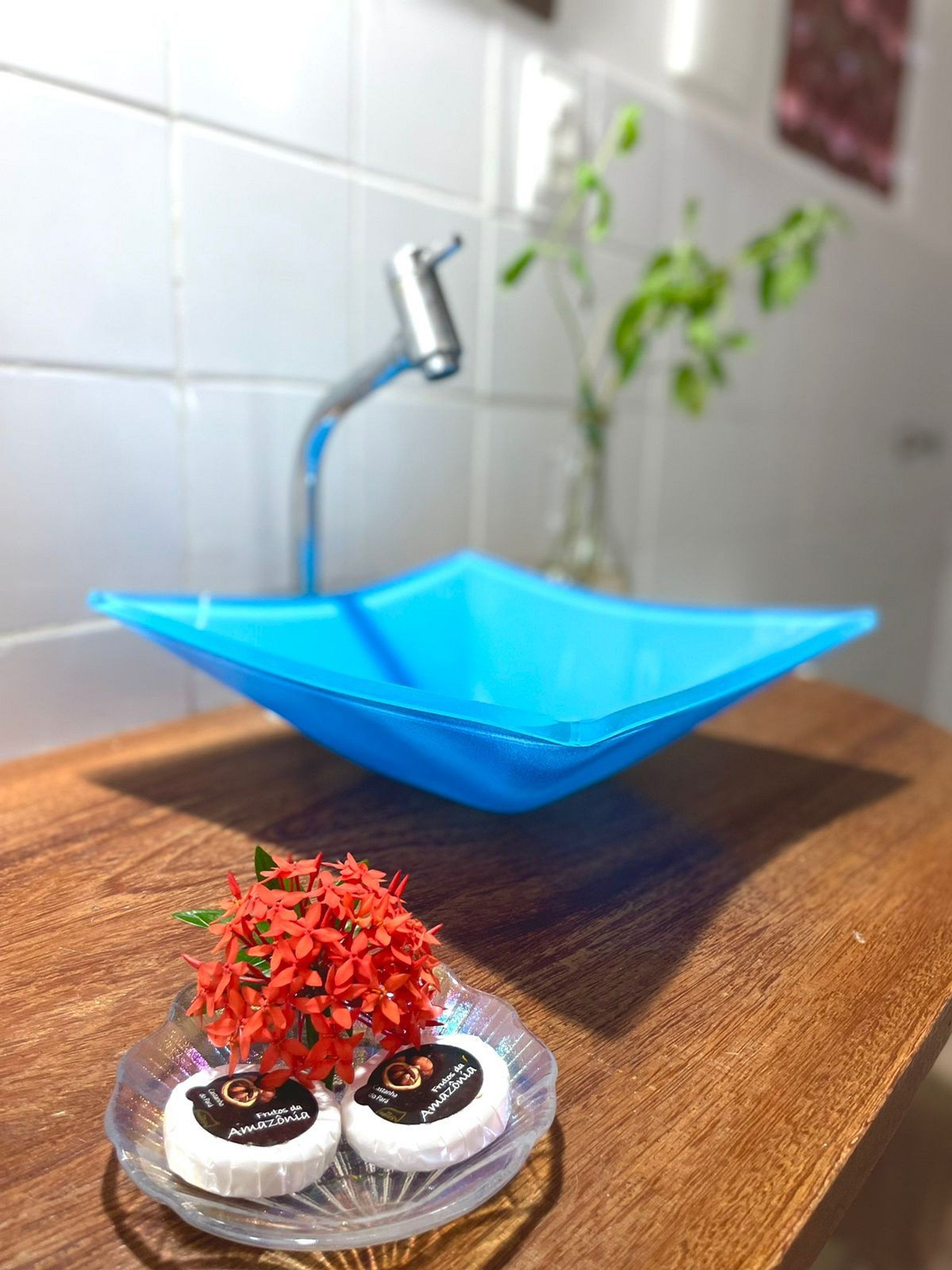 Uma bacia azul sobre bancada de madeira, com uma pequena planta e dois queijos redondos.