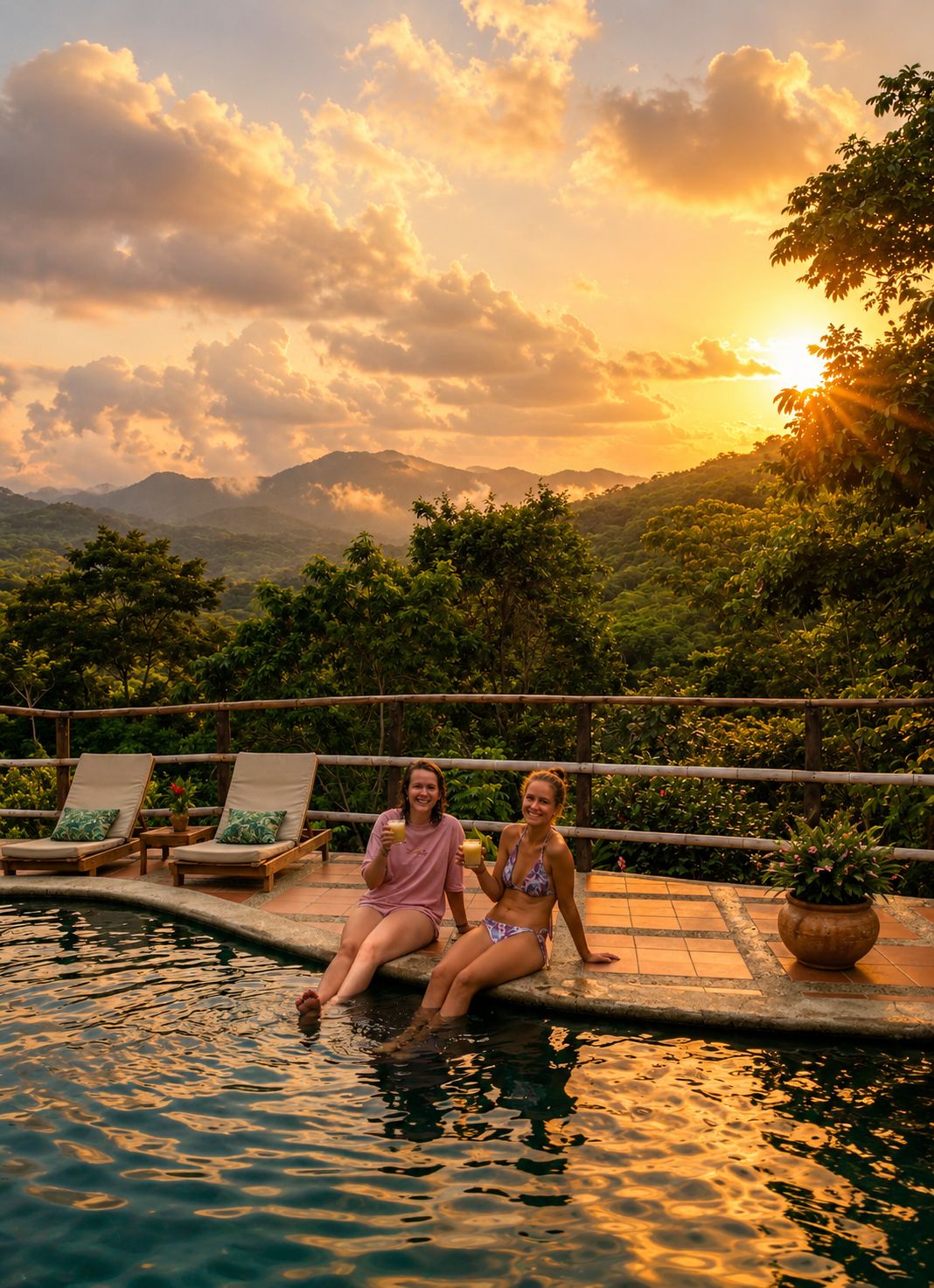 Duas pessoas sentadas à beira da piscina, com vista para montanhas e um pôr do sol.