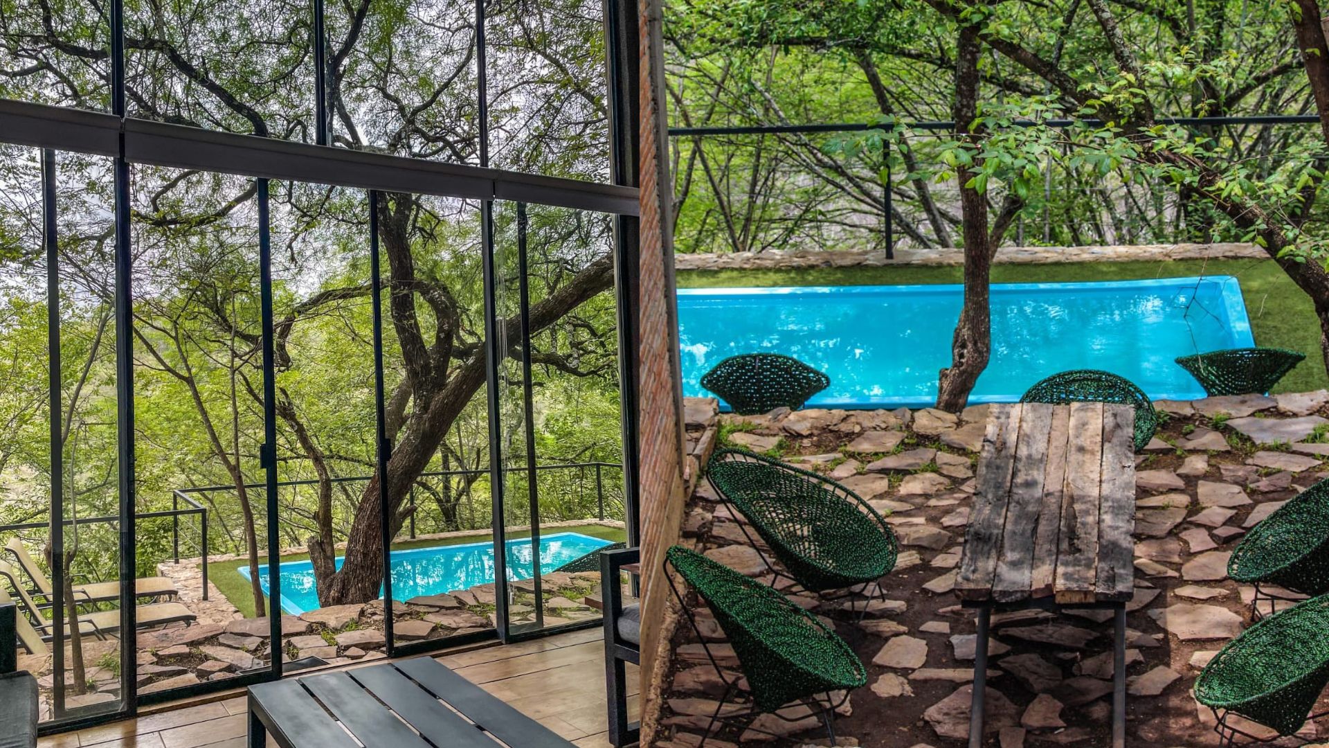 Área à beira da piscina com vista para a piscina, cercada por árvores e paredes de pedra, equipada com mobiliário para área externa.