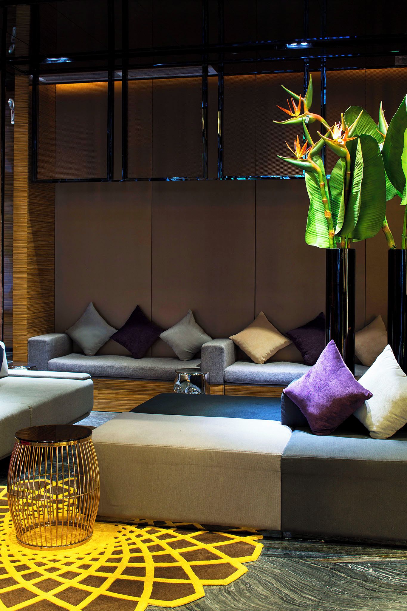 Espaço de convivência moderno com sofá, tapete decorativo e uma planta alta em vaso.