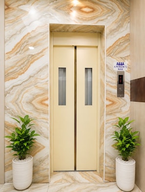 Elevador com parede de mármore, placa indicando limite de 4 pessoas e duas plantas em vasos.