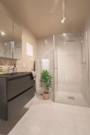 Um banheiro moderno com box de vidro, toucador escuro e um vaso de planta.
