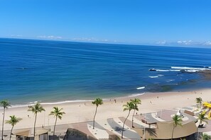 Uma praia com palmeiras, costa arenosa e oceano azul cristalino.