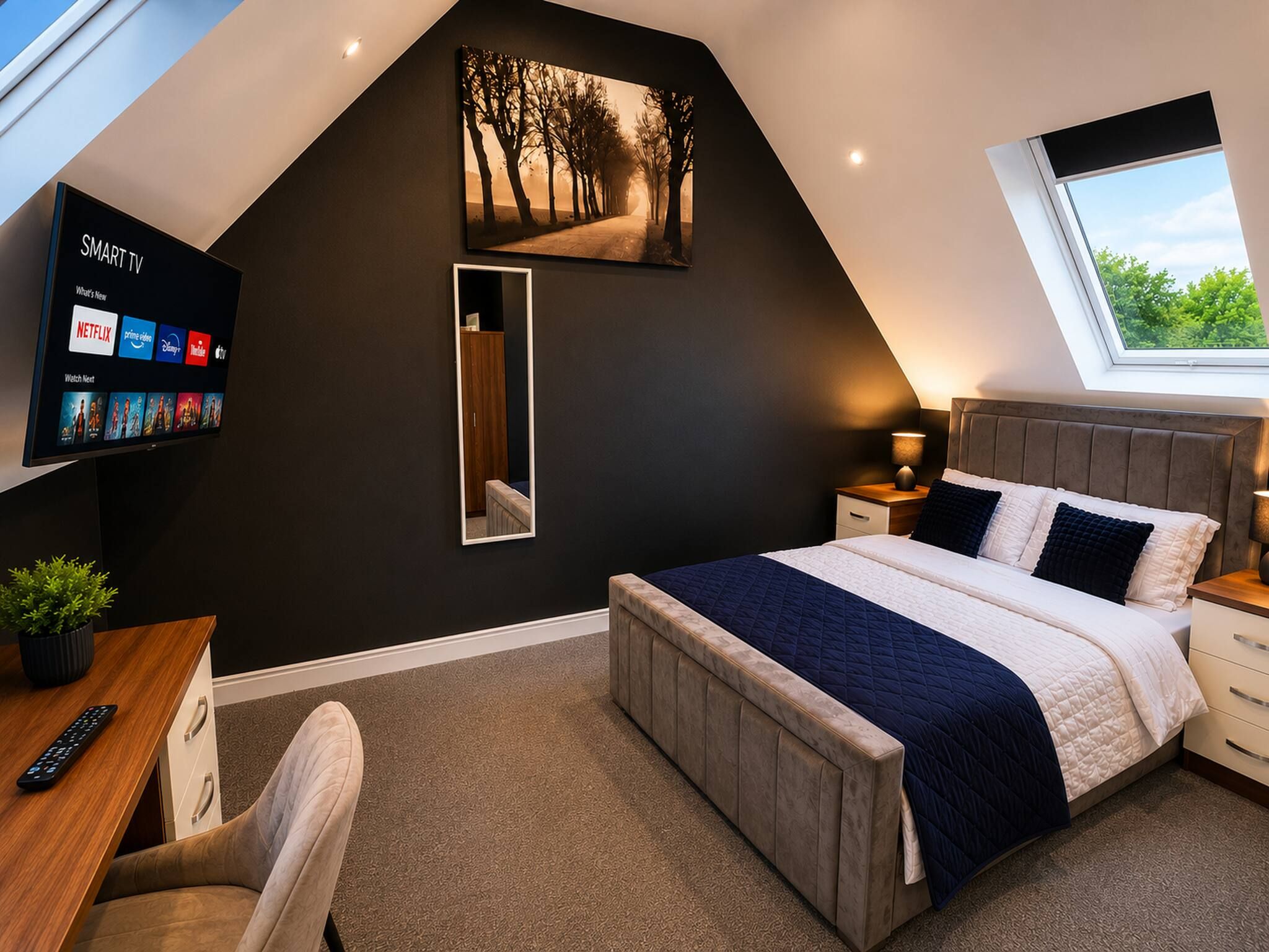 Quarto com teto inclinado, televisão na parede, cama com cabeceira, mesa de cabeceira com luminária, escrivaninha com planta e janela com vista para árvores.