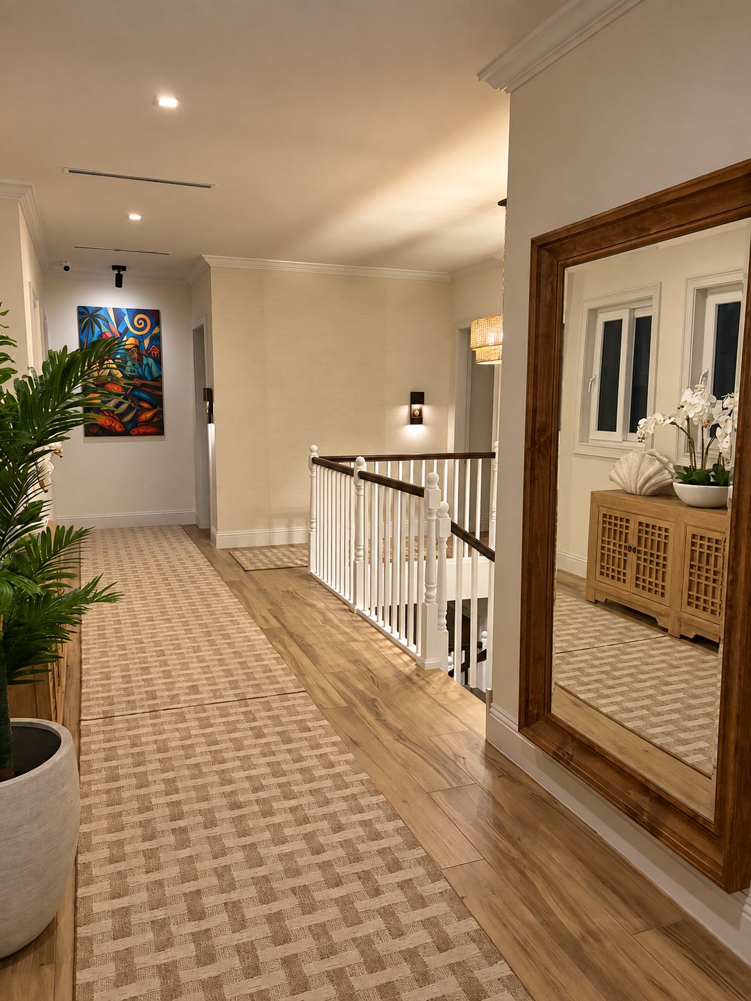 Um corredor com piso de madeira, corrimão branco, um espelho grande e um vaso com planta.
