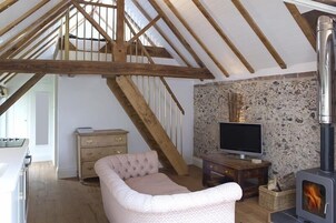 Quarto em estilo loft com teto inclinado, parede de pedra, lareira, televisão e cama.