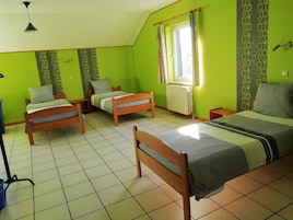 Quarto com duas camas de madeira, uma janela com cortinas, um radiador e um lustre.