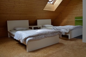 Quarto com duas camas, um claraboia e paredes de madeira.