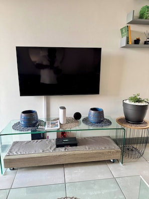 Uma sala de estar moderna com televisão de tela plana na parede, mesa de centro de vidro com objetos decorativos, sofá e uma pequena mesa lateral com planta em vaso.