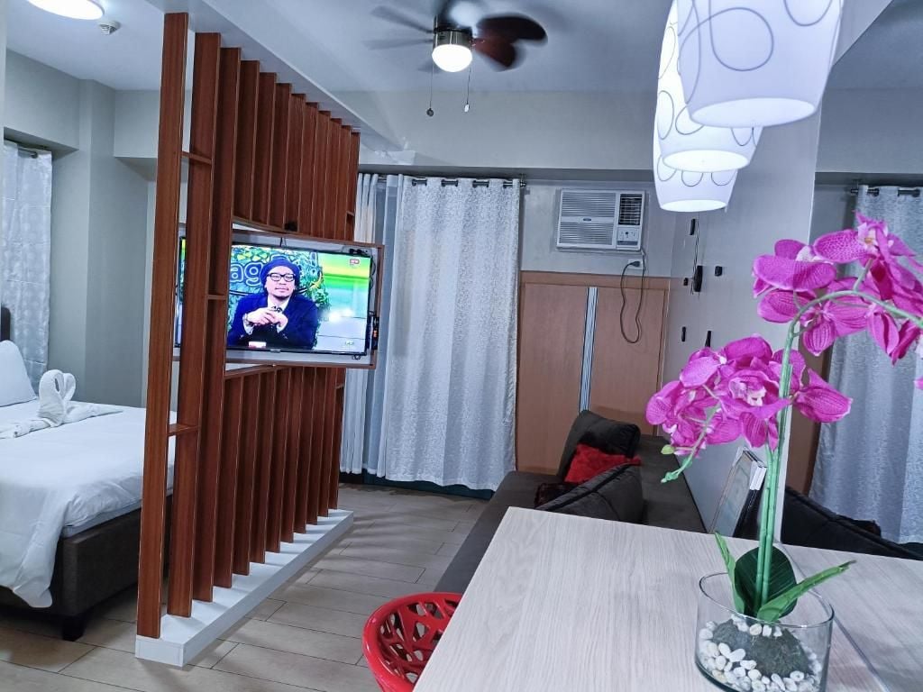 Quarto de hotel com cama, televisão, mesa de jantar e uma planta decorativa.