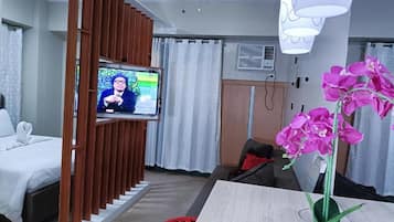 Quarto de hotel com cama, televisão, mesa de jantar e uma planta decorativa.