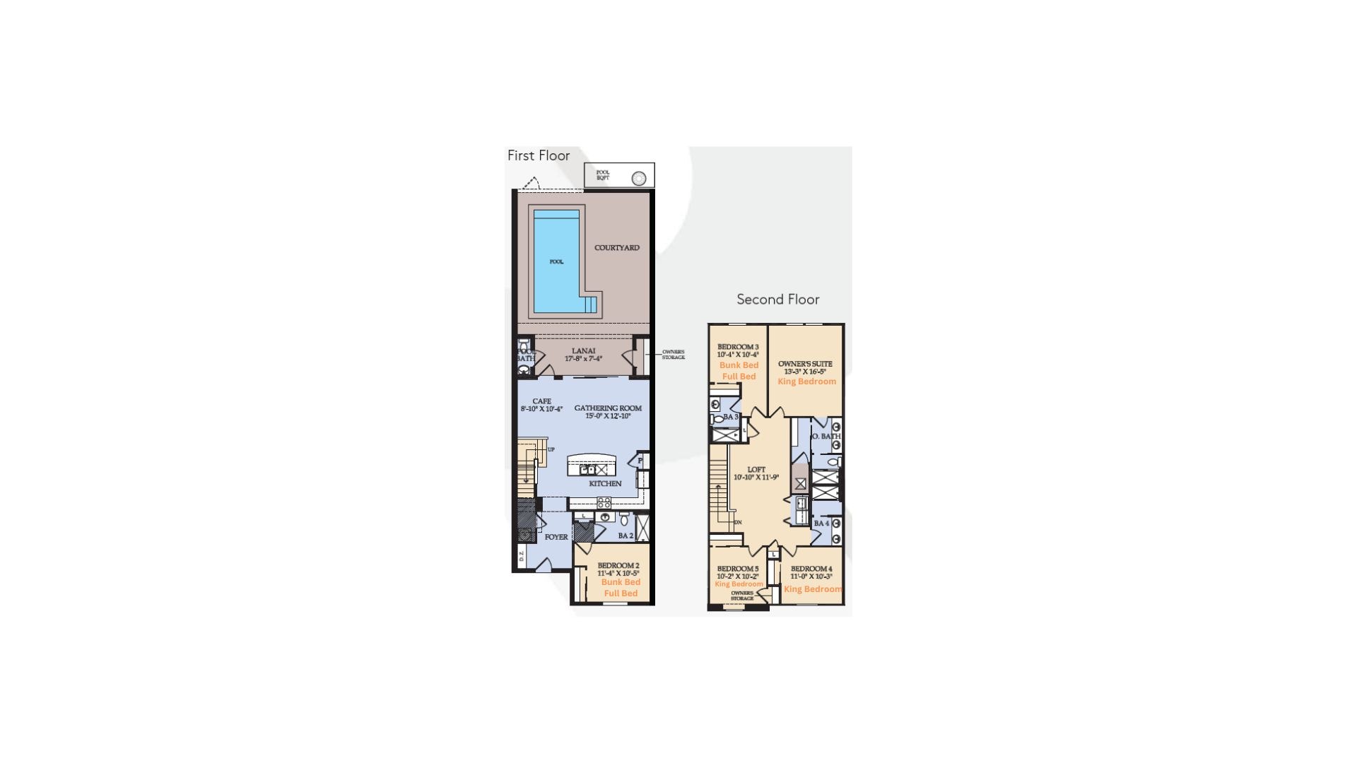 Planta baixa de um hotel, com piscina no primeiro andar e vários quartos no segundo.