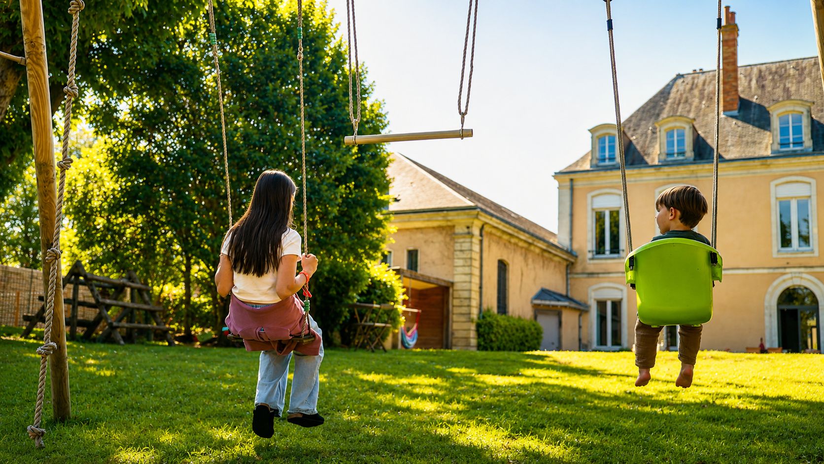 Um ambiente residencial com balanço em um gramado, uma casa com fachada tradicional e céu limpo.