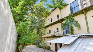 Um pátio com um caminho, um edifício com várias janelas e aparelhos de ar condicionado, e uma palmeira.
