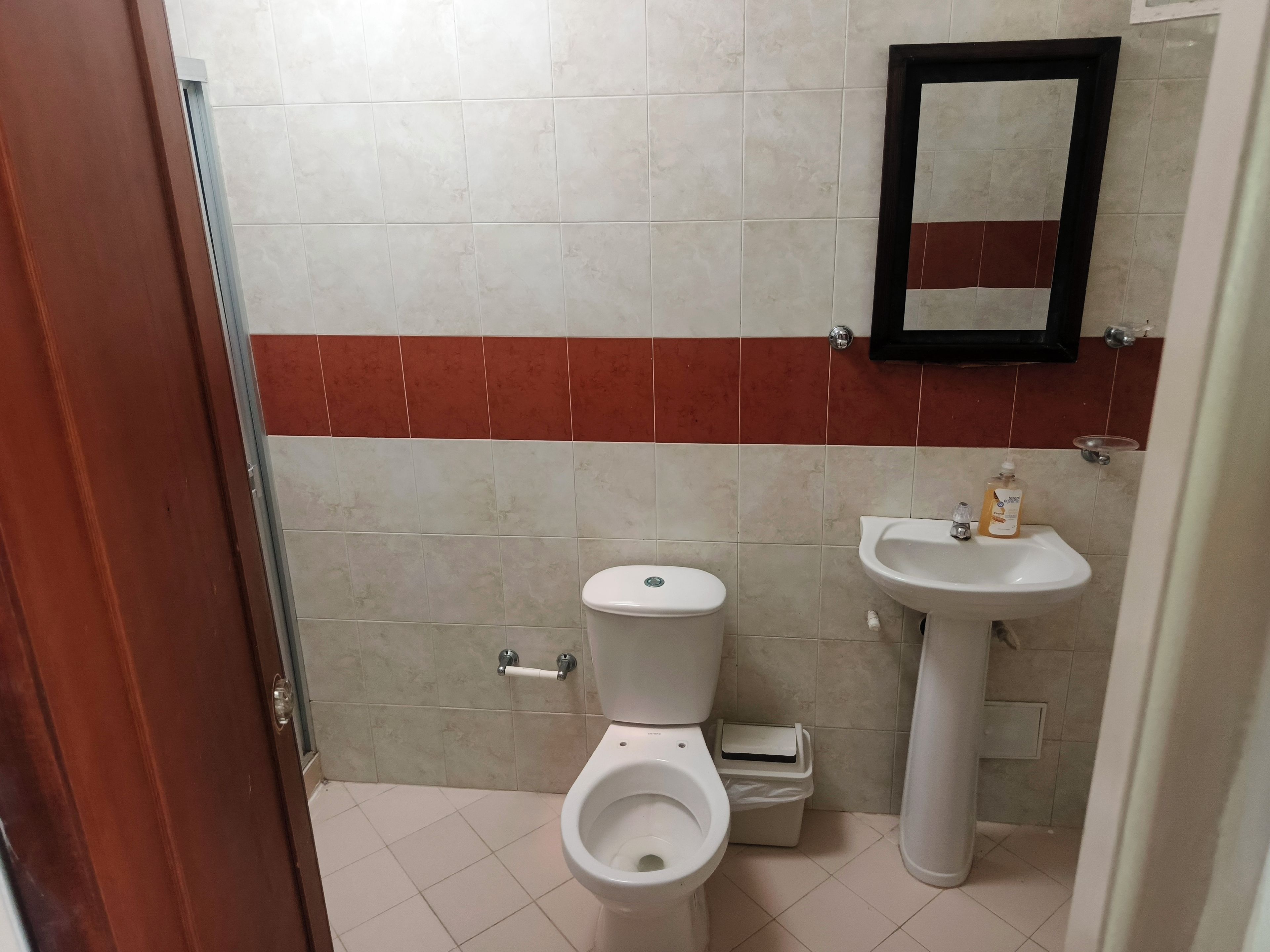 Casa de banho com sanita, lavatório e espelho na parede.