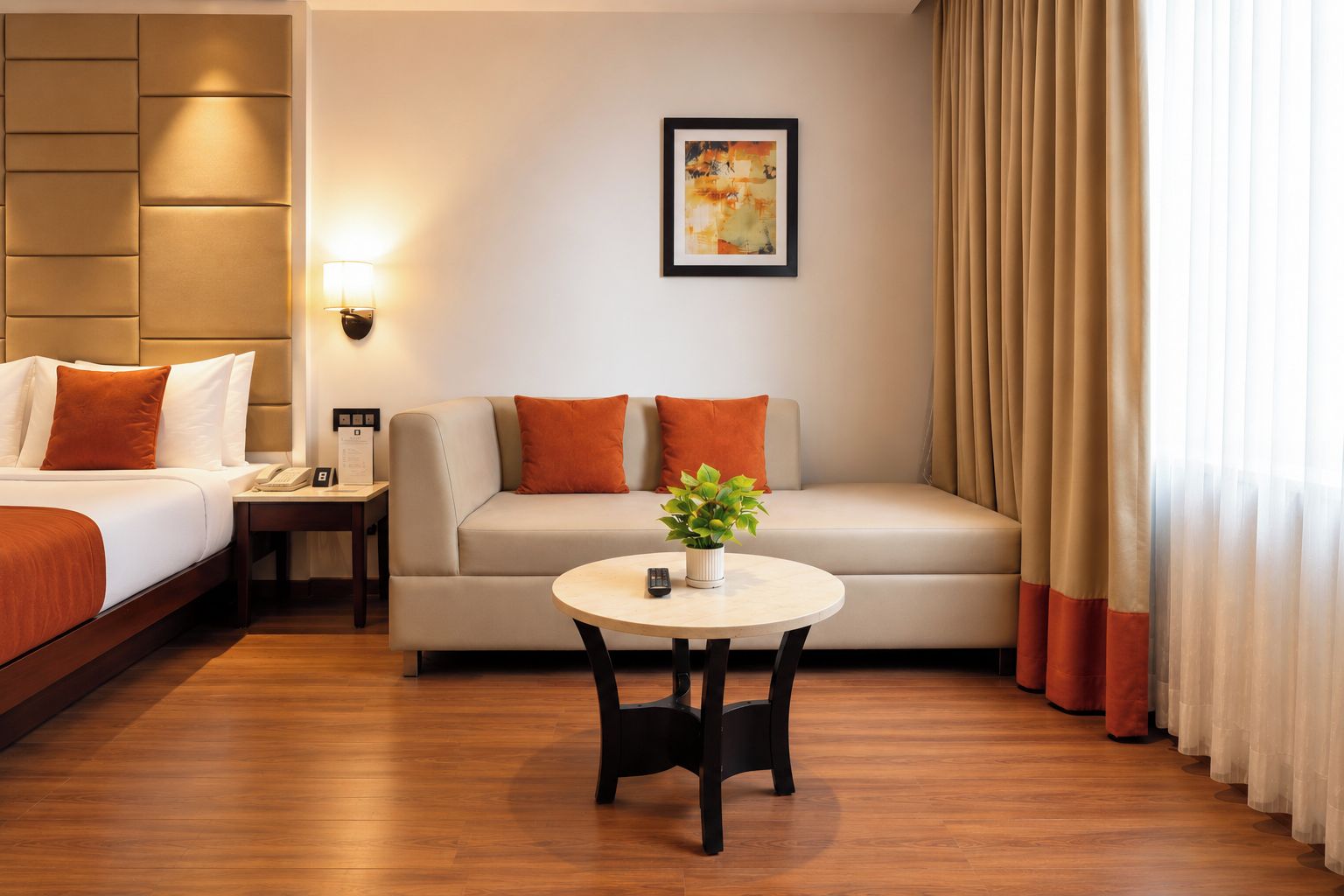 Quarto de hotel com cama, sofá, pequena mesa com planta, mesa de cabeceira, abajur e quadro na parede.