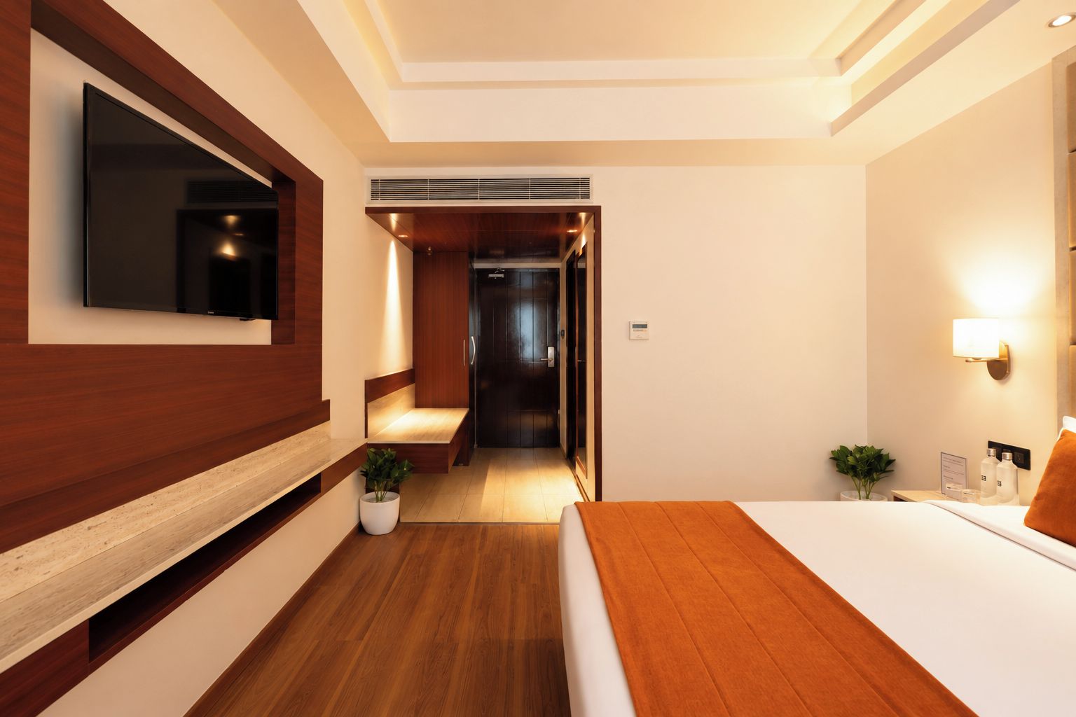 Quarto de hotel com cama, mesa de cabeceira, televisão e uma pequena planta em vaso.
