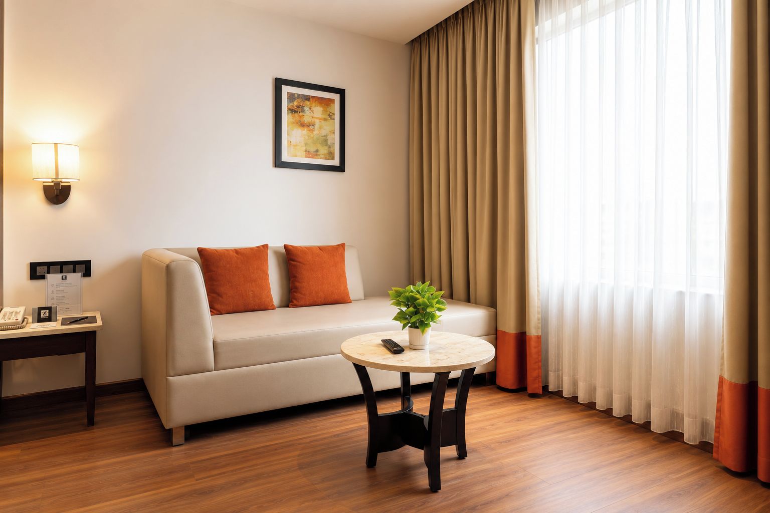 Quarto de hotel com sofá, uma mesinha com uma planta, luminária e um quadro na parede.