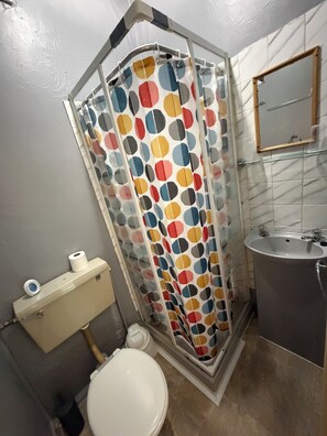 Casa de banho com cabine de duche, sanita, lavatório e espelho na parede.