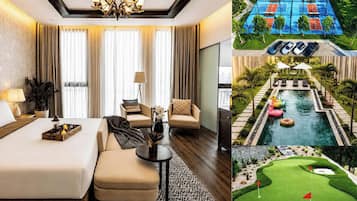 Quarto de hotel com cama, área de estar e vista para a piscina.