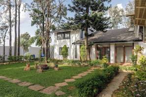 Uma casa moderna com um jardim bem cuidado, um caminho de pedra e diversas plantas.