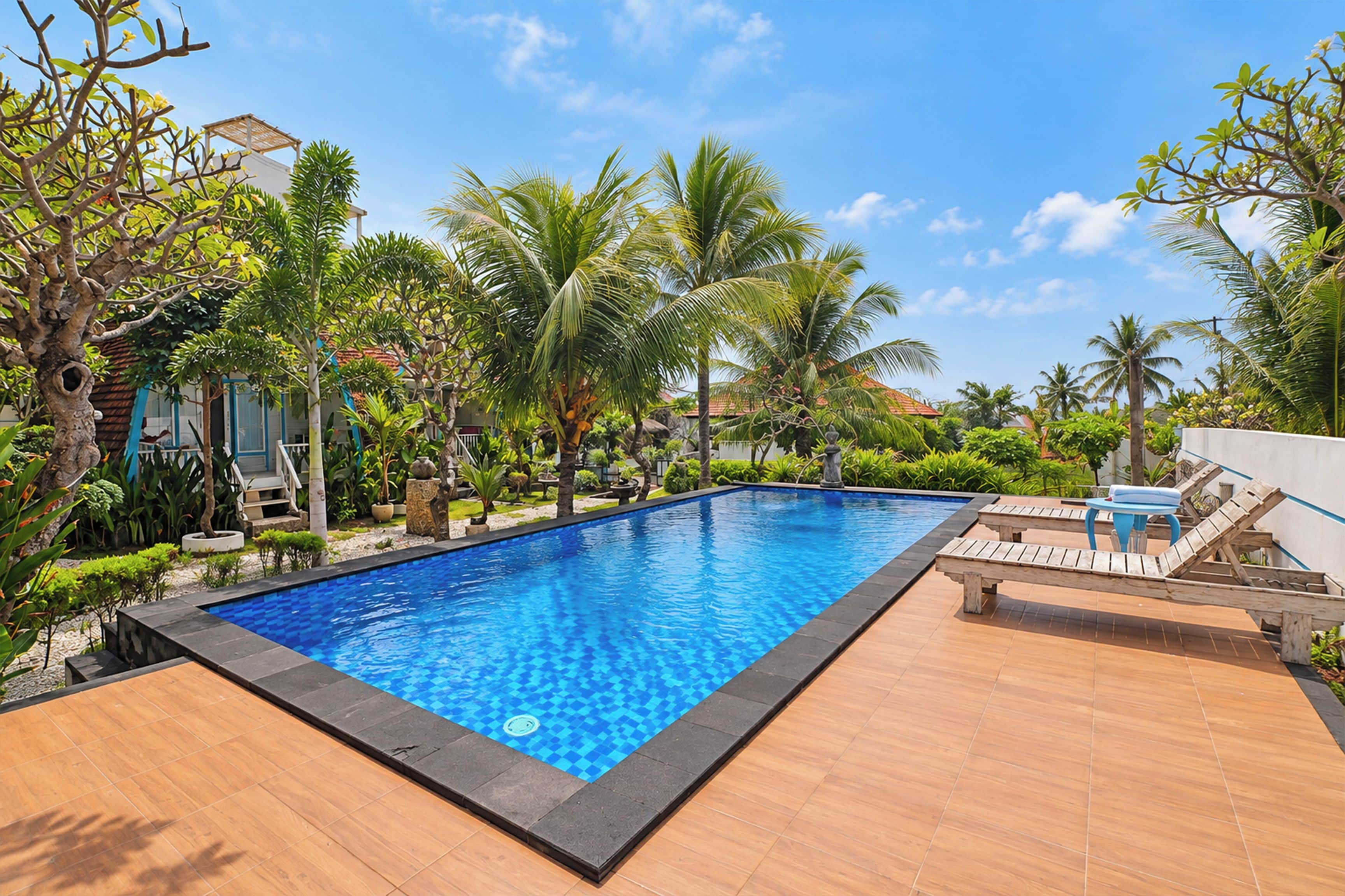 Piscina retangular com borda azulejada, cercada por palmeiras e um deck de madeira com espreguiçadeiras.