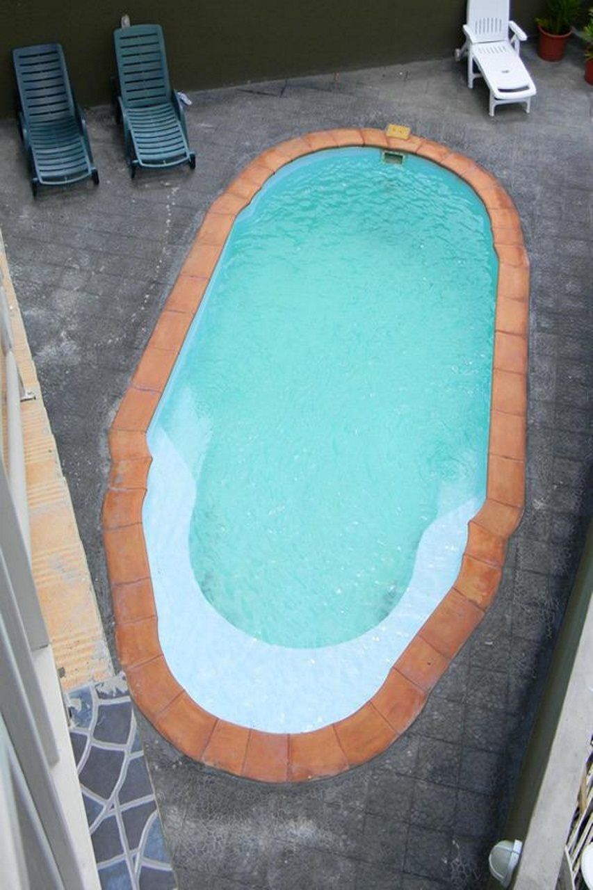 Piscina ao ar livre com borda azulejada, rodeada por espreguiçadeiras e um vaso de planta.