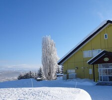 Um edifício amarelo com telhado coberto de neve, rodeado por neve e árvores.