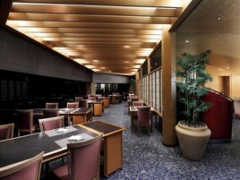 Um hall de hotel com design moderno, apresentando uma grande planta em vaso, diversas áreas de estar e um tapete estampado.