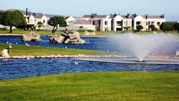 Zona residencial com lago, fonte e casas com varandas.