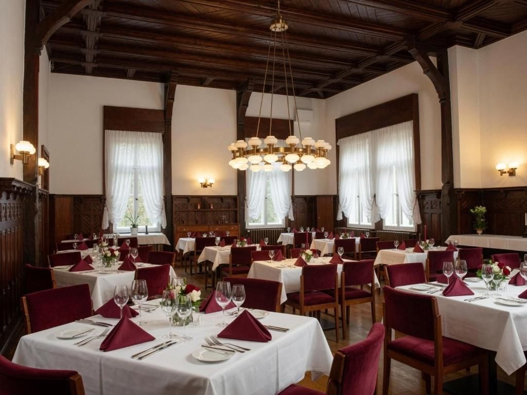 Restaurante com várias mesas preparadas para refeições, com toalhas brancas e guardanapos vermelhos.