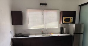 Uma cozinha compacta equipada com micro-ondas, pia e frigorífico.
