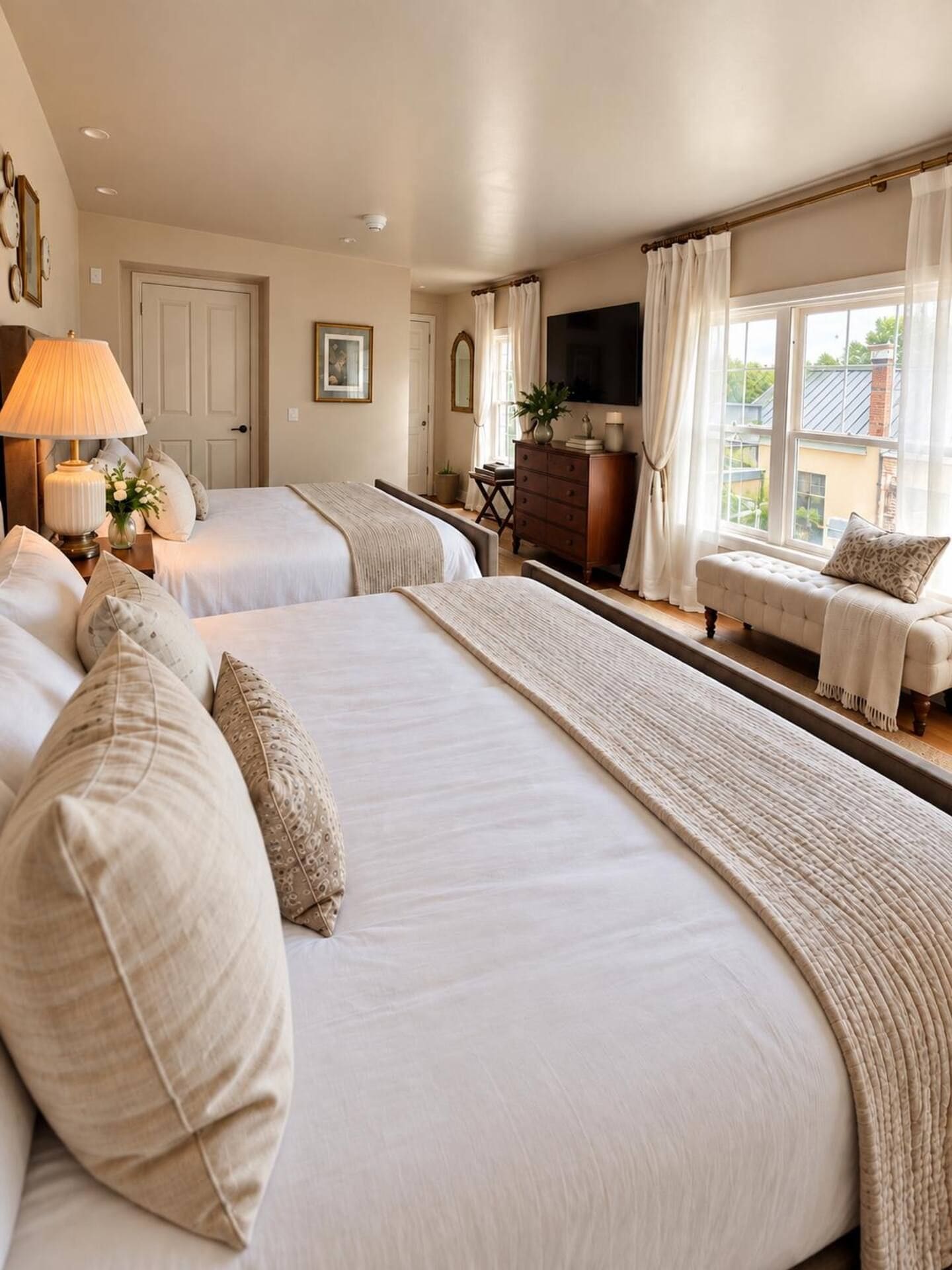 Quarto de hotel com duas camas, televisão, janela com cortinas e vista para o exterior.