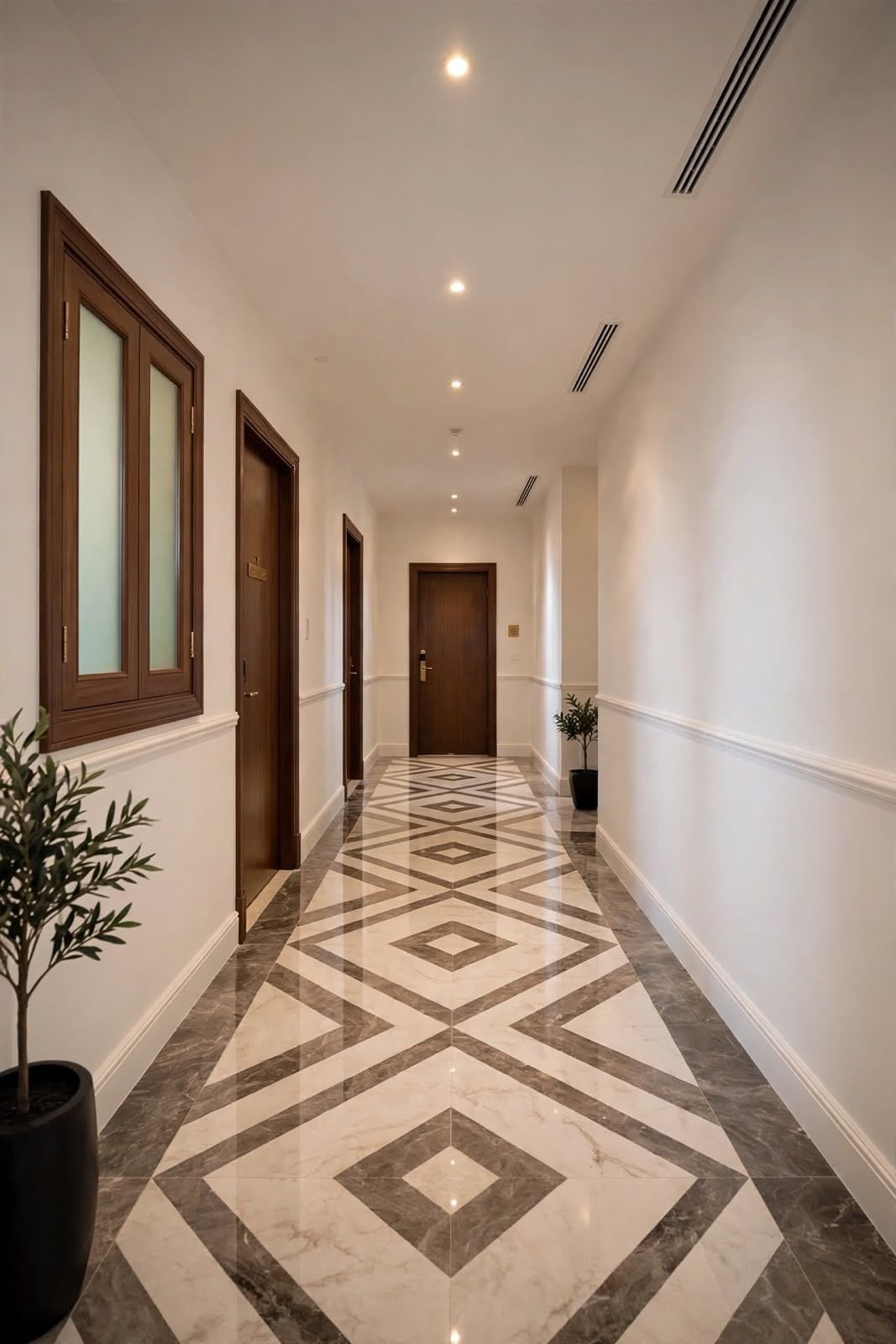 Um corredor com piso estampado, portas e um vaso de planta.