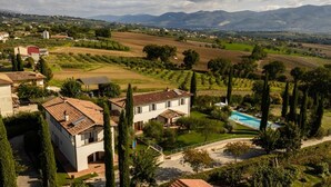 Área residencial com uma casa grande, piscina, jardins bem cuidados e árvores altas.