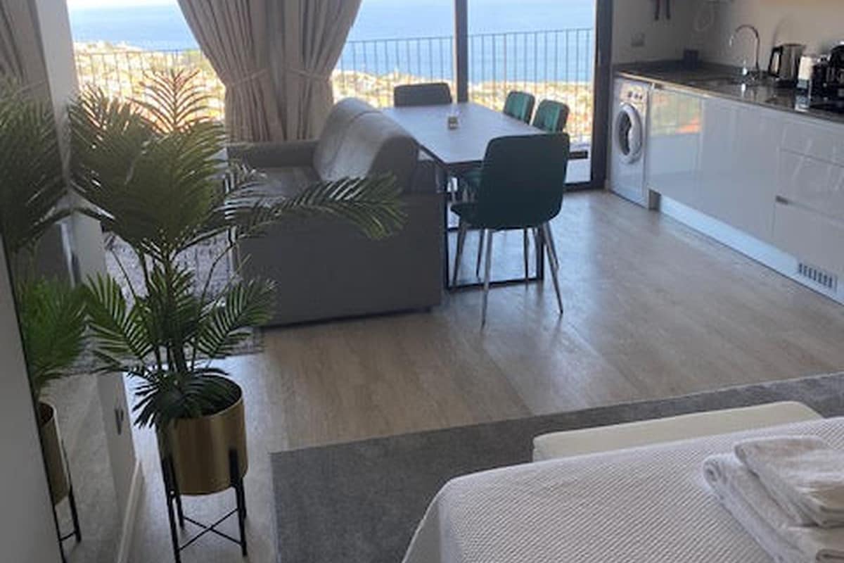 Quarto de hotel moderno com varanda, área de jantar e cozinha compacta.