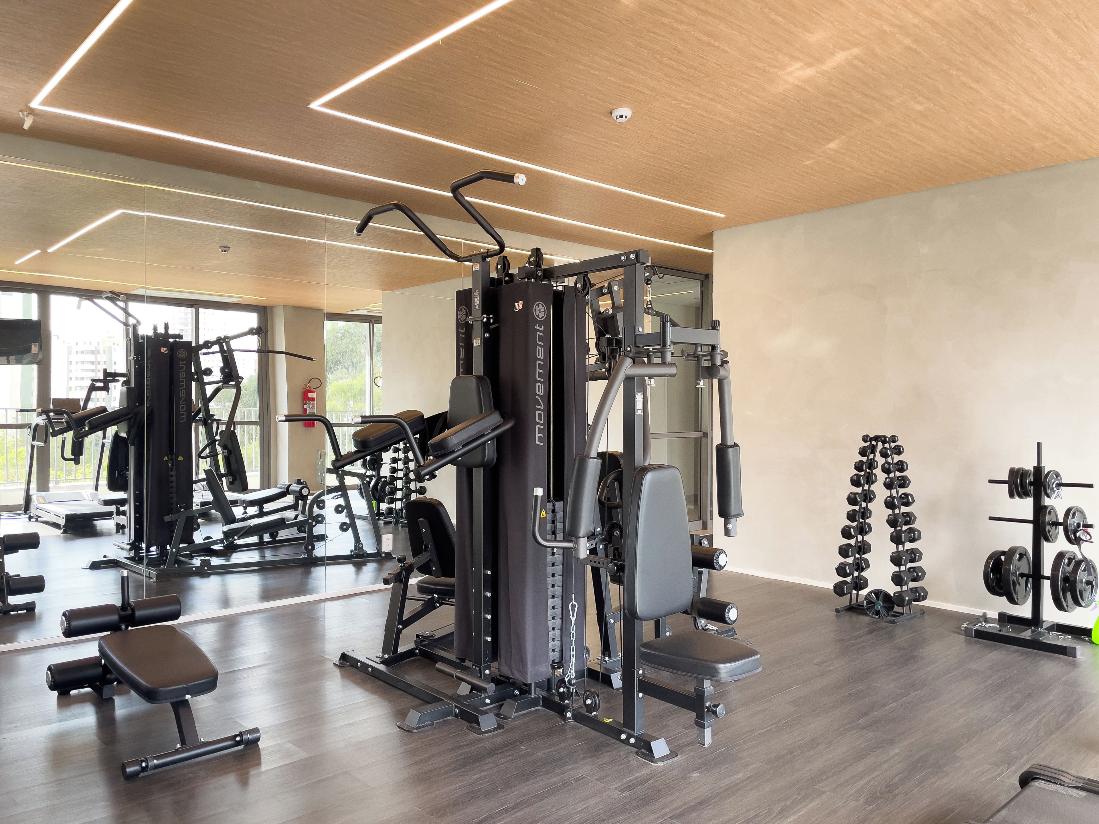 Uma academia com diversos equipamentos de exercício, incluindo um suporte para agachamentos, bancos e halteres.