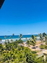 Vista da praia com palmeiras e céu claro.