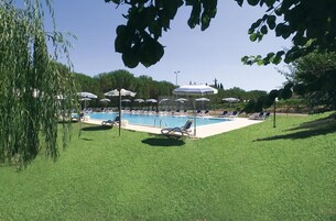 Piscina com espreguiçadeiras e guarda-sóis, rodeada por um gramado bem cuidado e árvores.