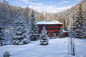 Um edifício alto cercado por árvores cobertas de neve.