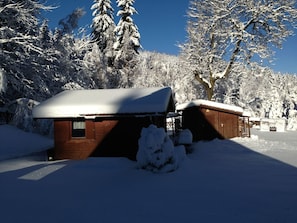 Uma cabana de madeira com telhado coberto de neve, rodeada por árvores carregadas de neve e um céu claro.