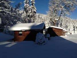 Uma cabana de madeira com telhado coberto de neve, rodeada por árvores carregadas de neve e um céu claro.