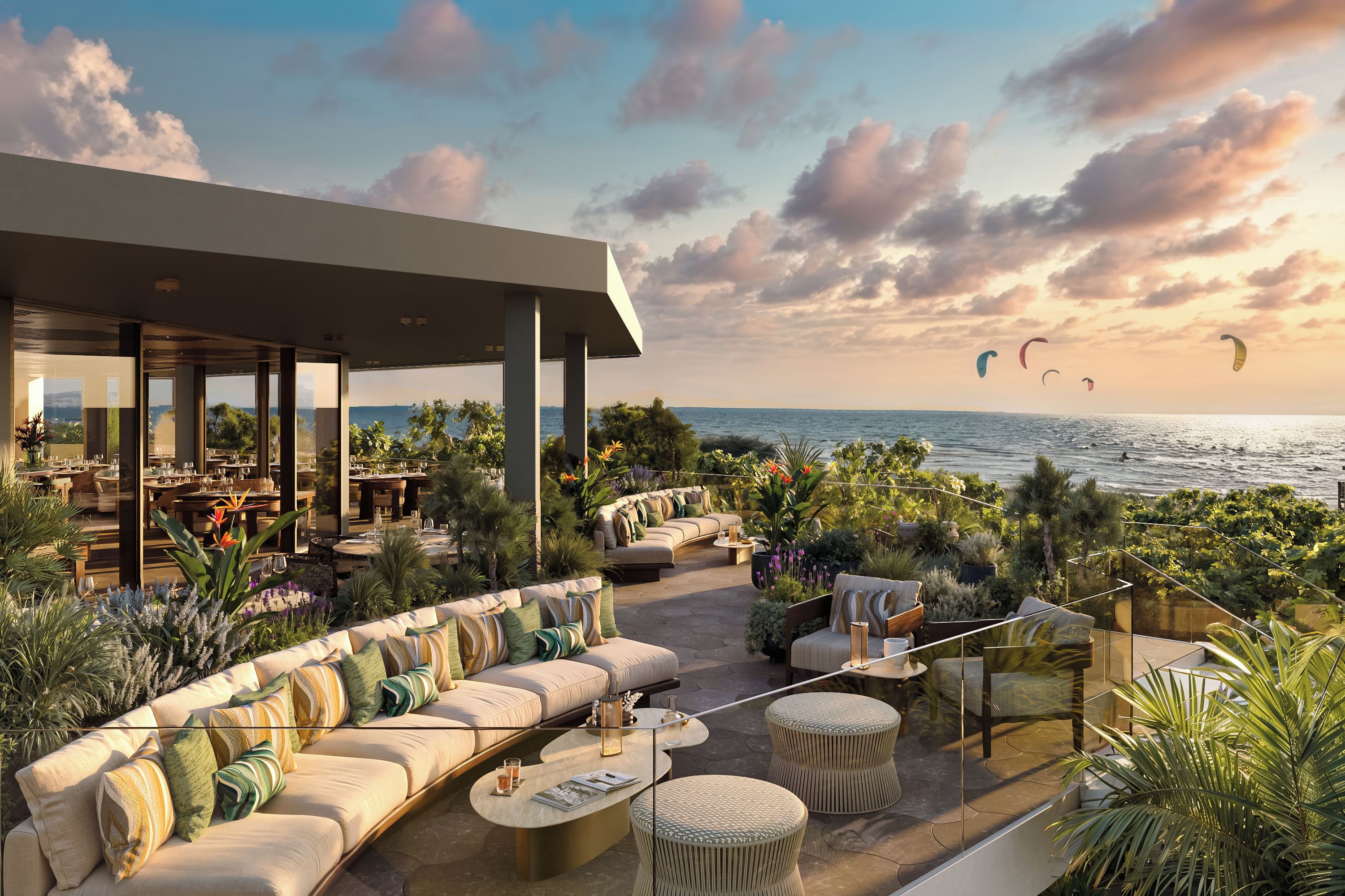 Terraço no telhado com área de estar ao ar livre, piscina e vista para o oceano.