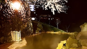 Ambiente noturno ao ar livre, com uma parede de pedra, cerca de madeira e um corpo d'água refletindo luz.