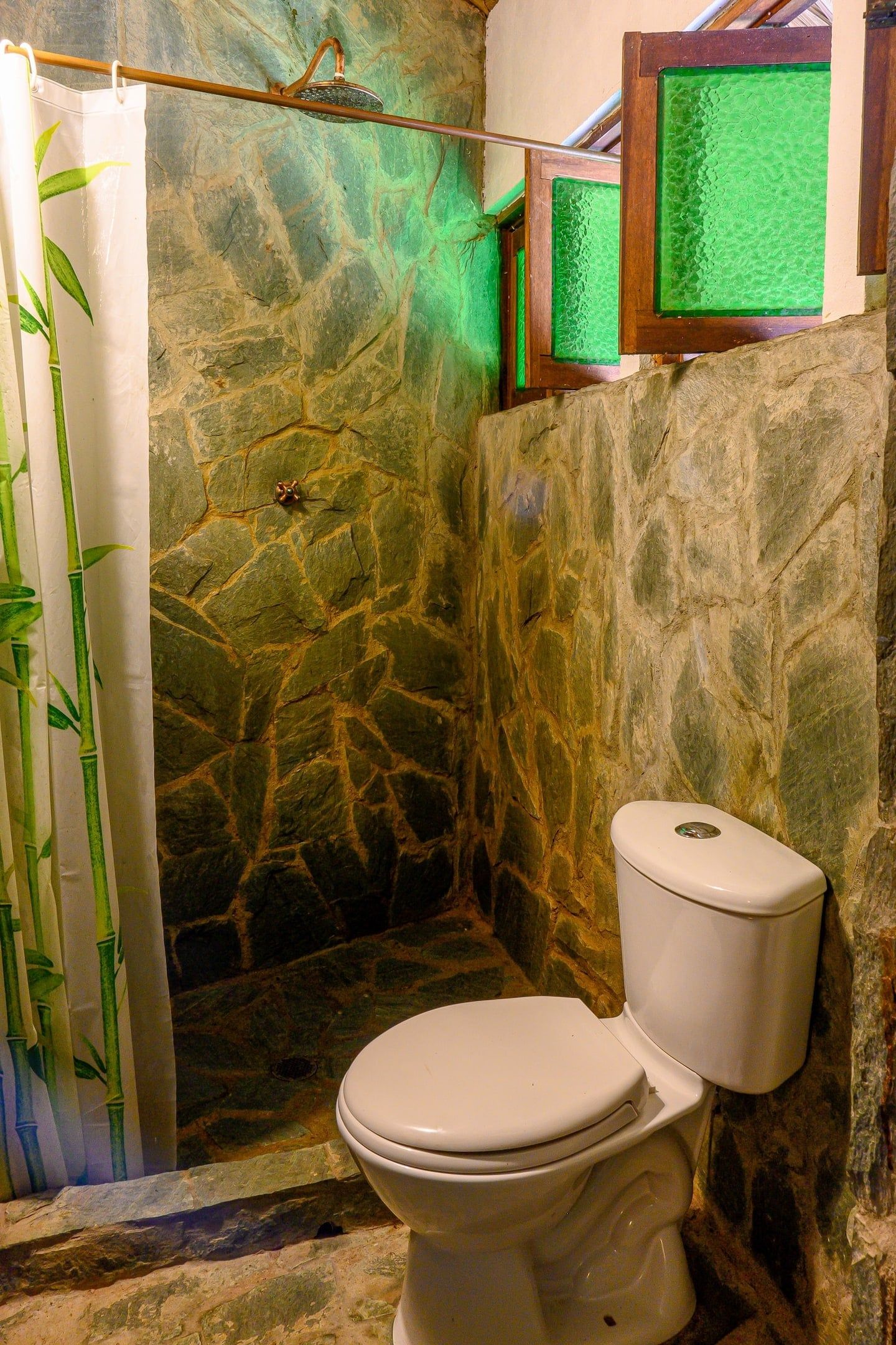 Casa de banho com parede de pedra, sanita e cortina de chuveiro com padrão de bambu.