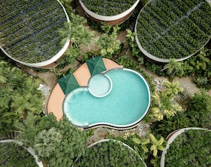Vista aérea de um resort com piscina central, cercada por vegetação exuberante e várias fontes circulares.