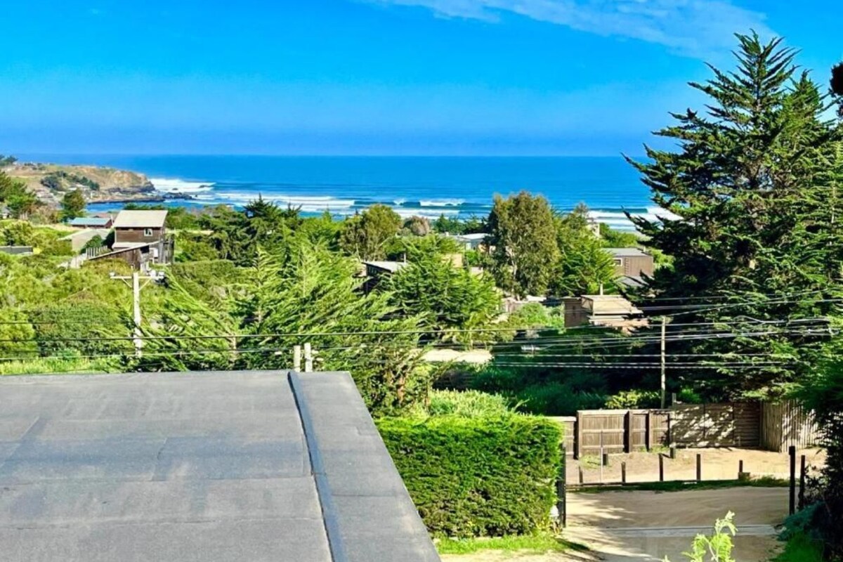 Área residencial costeira com vista para o oceano, casas e vegetação.