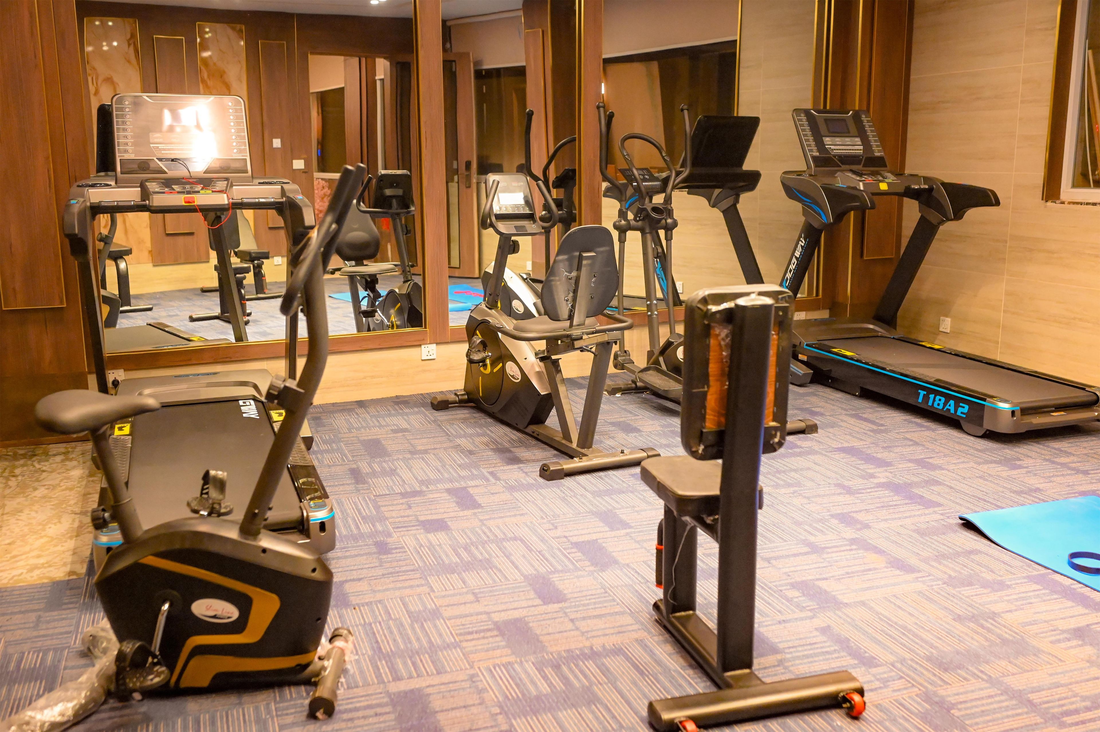 Uma academia com diversos equipamentos de exerc ício, incluindo esteiras, bicicletas ergométricas e aparelhos de musculação.