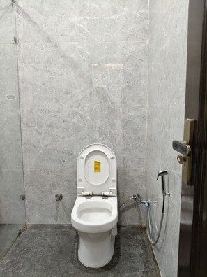 Casa de banho pequena e fechada, com sanita branca, chuveiro e porta com puxador.